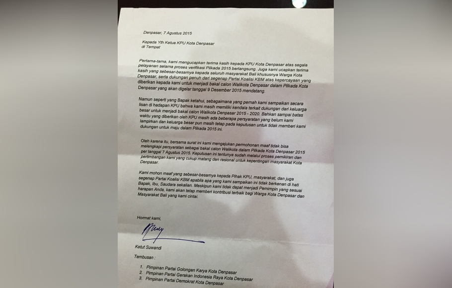 Suwandi Mundur, Pilkada Kota Denpasar Hanya Calon Tunggal Suwandi Mundur, Pilkada Kota Denpasar Hanya Calon Tunggal